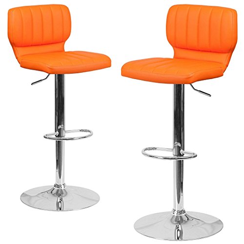 KLS Modern Barstools Adjustable Hydraulic 360 Degree Swivel Stable Steel Frame Padded Vinyl Cushion Low Back Seat Design Dining Chair Pub Stool - Set of 2 Orange # 1969