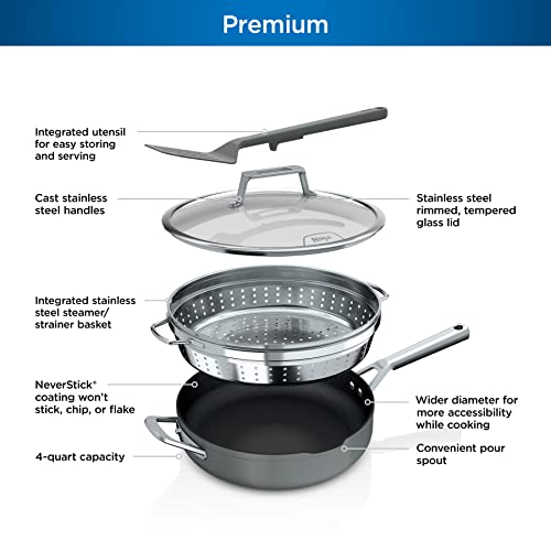 Ninja CW102GY Foodi NeverStick PossiblePan, Premium Set with 4-Quart Capacity Pan, Steamer/Strainer Basket, Glass Lid & Integrated Spatula, Nonstick, Durable & Oven Safe to 500°F, Sea Salt Grey