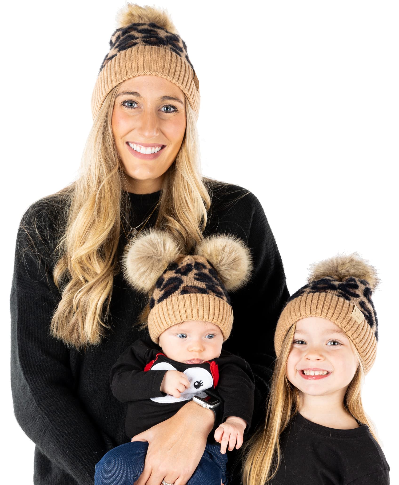 Funky Junque Matching Adult Toddler Infant POM Hat - Adult/Toddler (Single POM)/Infant (Double POM) - Leopard - Latte