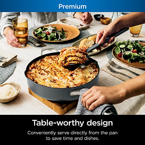 Ninja CW102GY Foodi NeverStick PossiblePan, Premium Set with 4-Quart Capacity Pan, Steamer/Strainer Basket, Glass Lid & Integrated Spatula, Nonstick, Durable & Oven Safe to 500°F, Sea Salt Grey