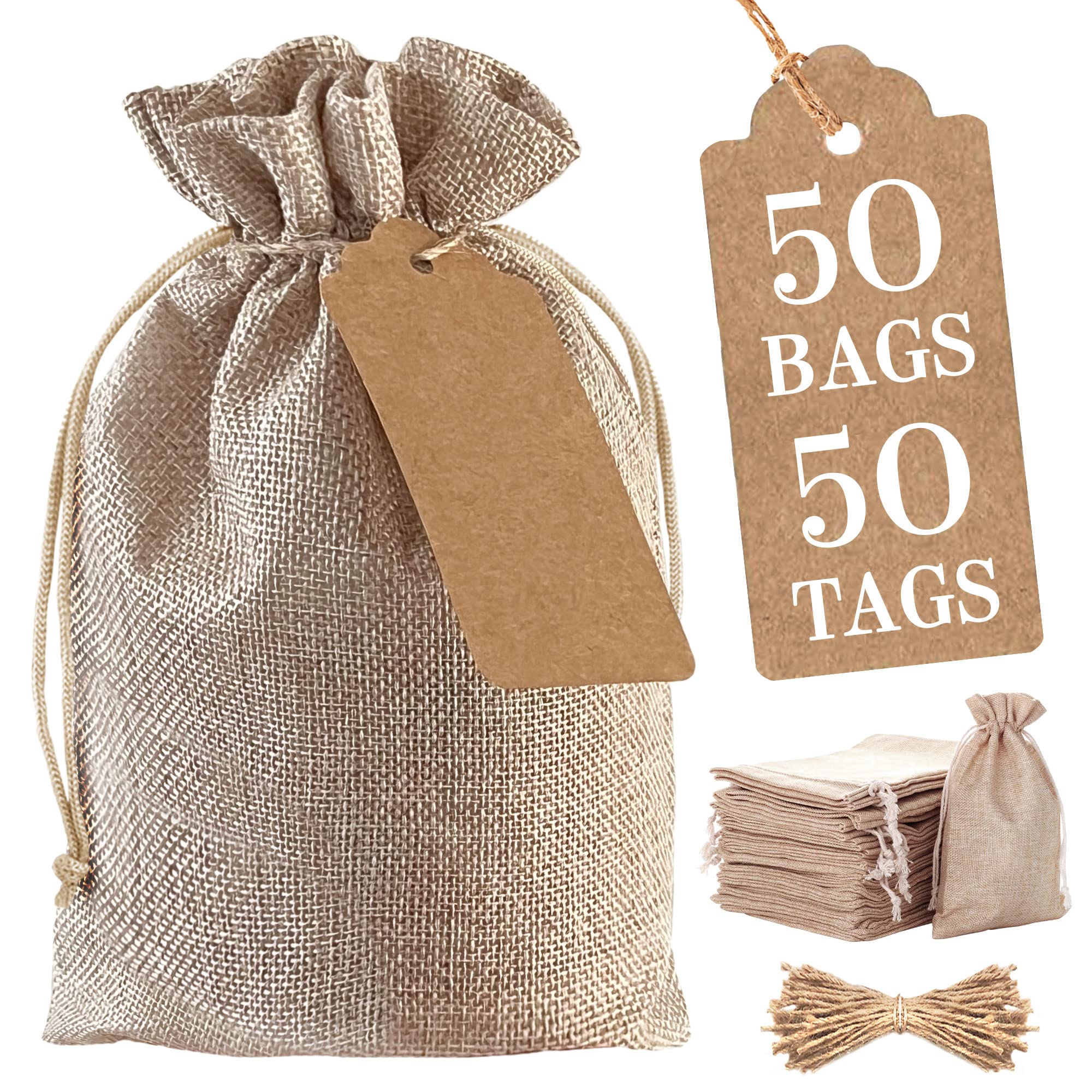 50 burlap bags with drawstring 6.6x9 inch with 50 tags and 50 Strings. Burlap bag for holiday gift. Burlap sack for groceries and food. Burlap sacks for Planting Plants. Burlapbag for Mugs, ect.