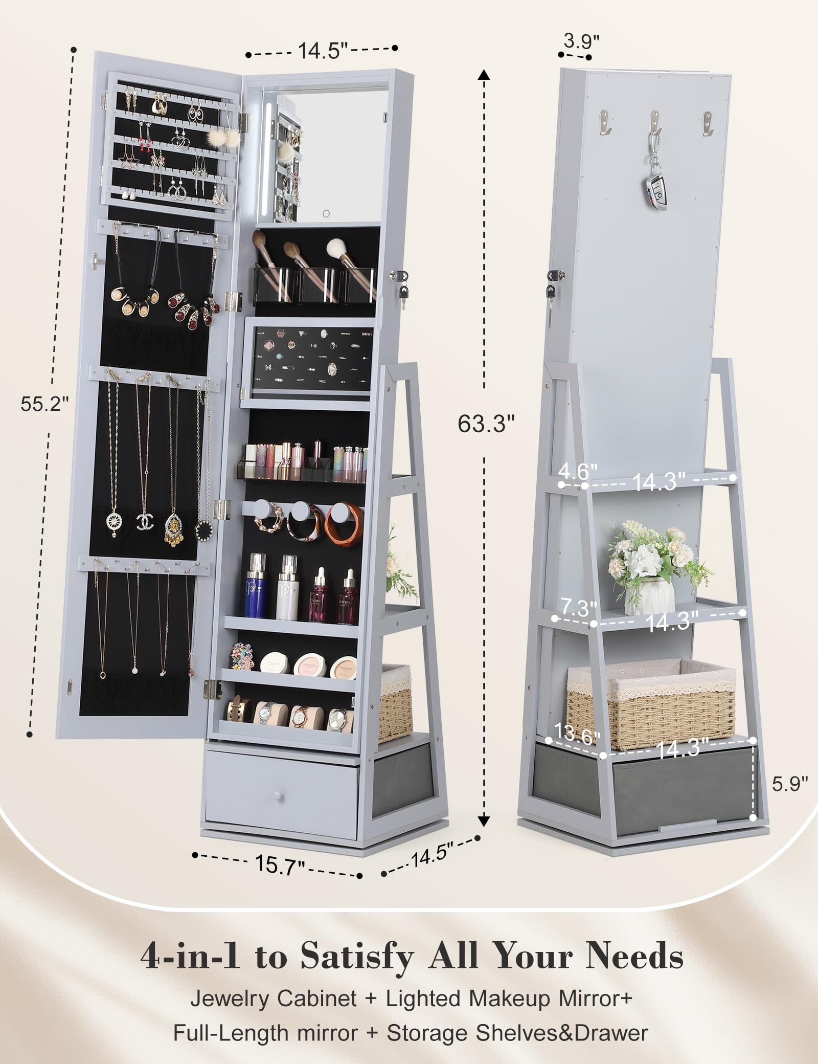 Nicetree 360° Swivel Jewelry Cabinet with Lights, Touch Screen Vanity Mirror, Rotatable Full Length Mirror with Jewelry Storage, Standing Jewelry Armoire Organizer, Foldable Makeup Shelf,Gray