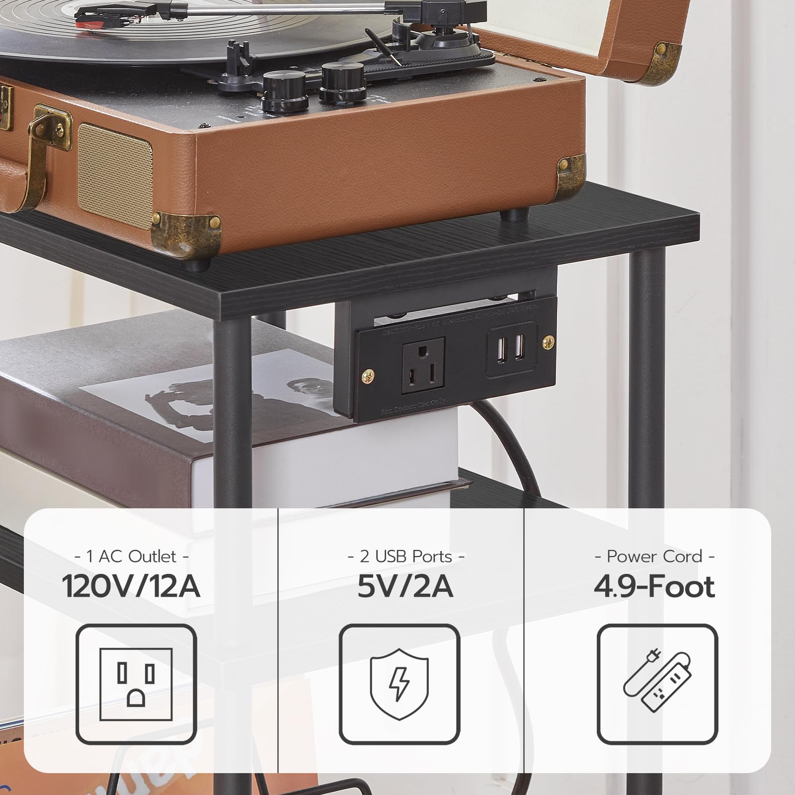 HOOBRO 3-Tier Record Player Stand, Vinyl Record Holder with Charging Station, Record Player Table with Storage Shelf, Turntable Stand for Music Room, Living Room, Bedroom, Black BB02URS01