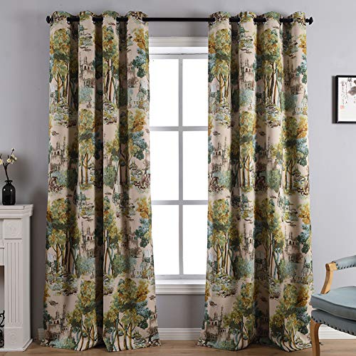 Kotile Forest Castle Nature Art Decor Watercolor Style Room Darkening Blackout Curtains with Floral Design Digital Printing, 2 Panels 63 Inch Length Grommet Window Drapes for Bedroom