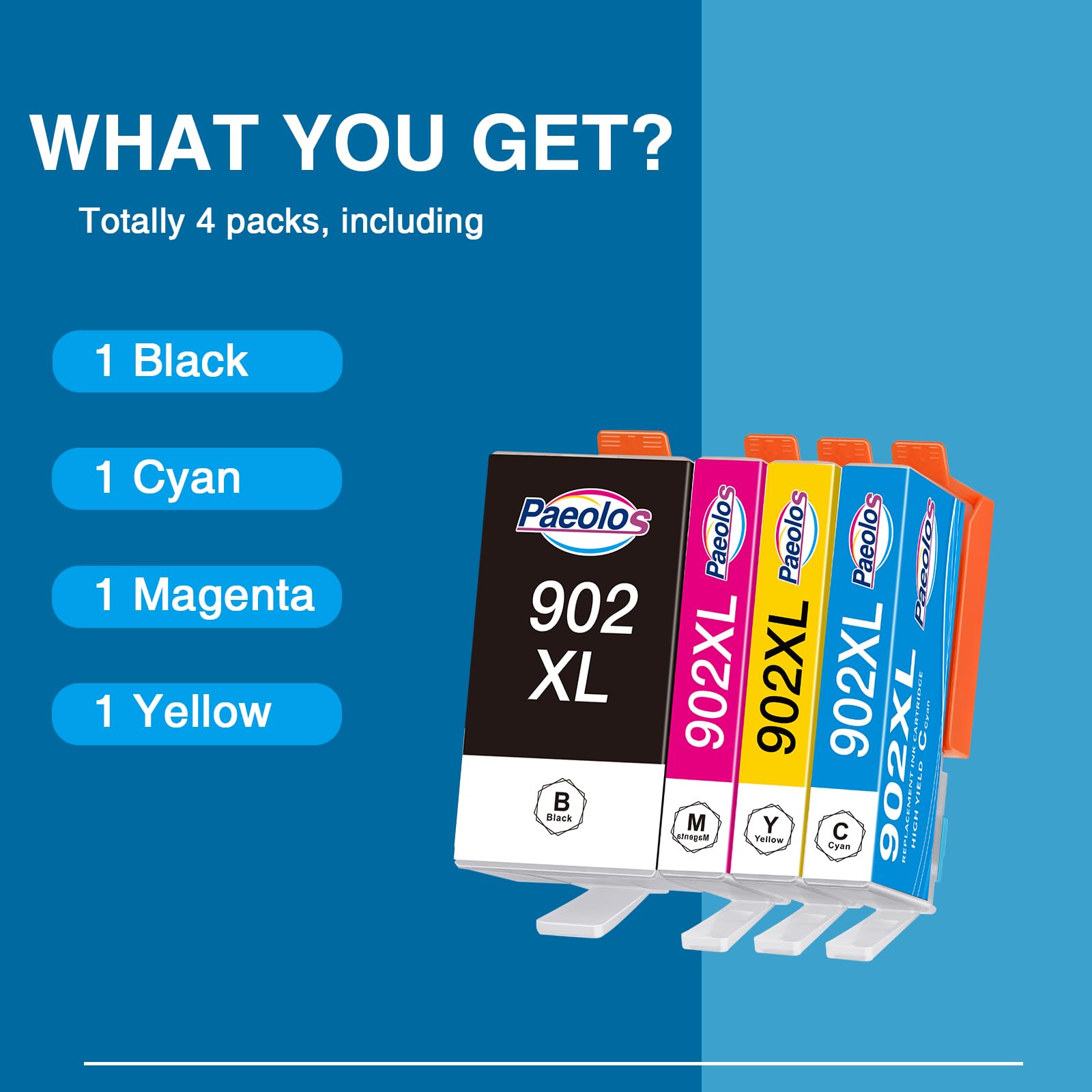 Paeolos 902XL Ink Cartridges Combo Pack, Compatible Ink Cartridges Replacements for HP 902 Ink | 902XL Ink Work with HP OfficeJet Pro 6961 6970 6962 6968 6971 6975 6978, 4 Packs (with Latest Chips)