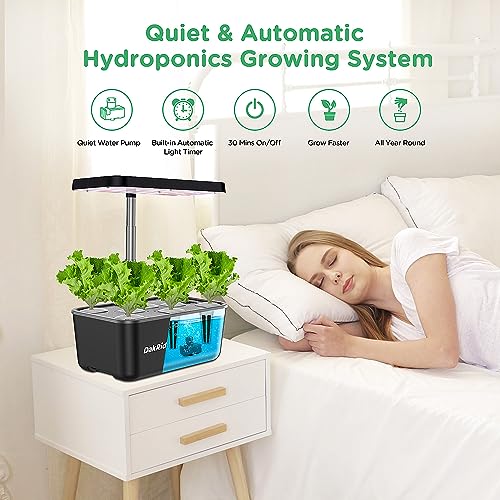 DakRide Mini Hydroponics Growing System, Indoor Herb Garden System with LED Grow Light, Plants Germination Kit with Automatic Timer, Quiet Water Pump, Height Adjustable for Family, 8 Pods