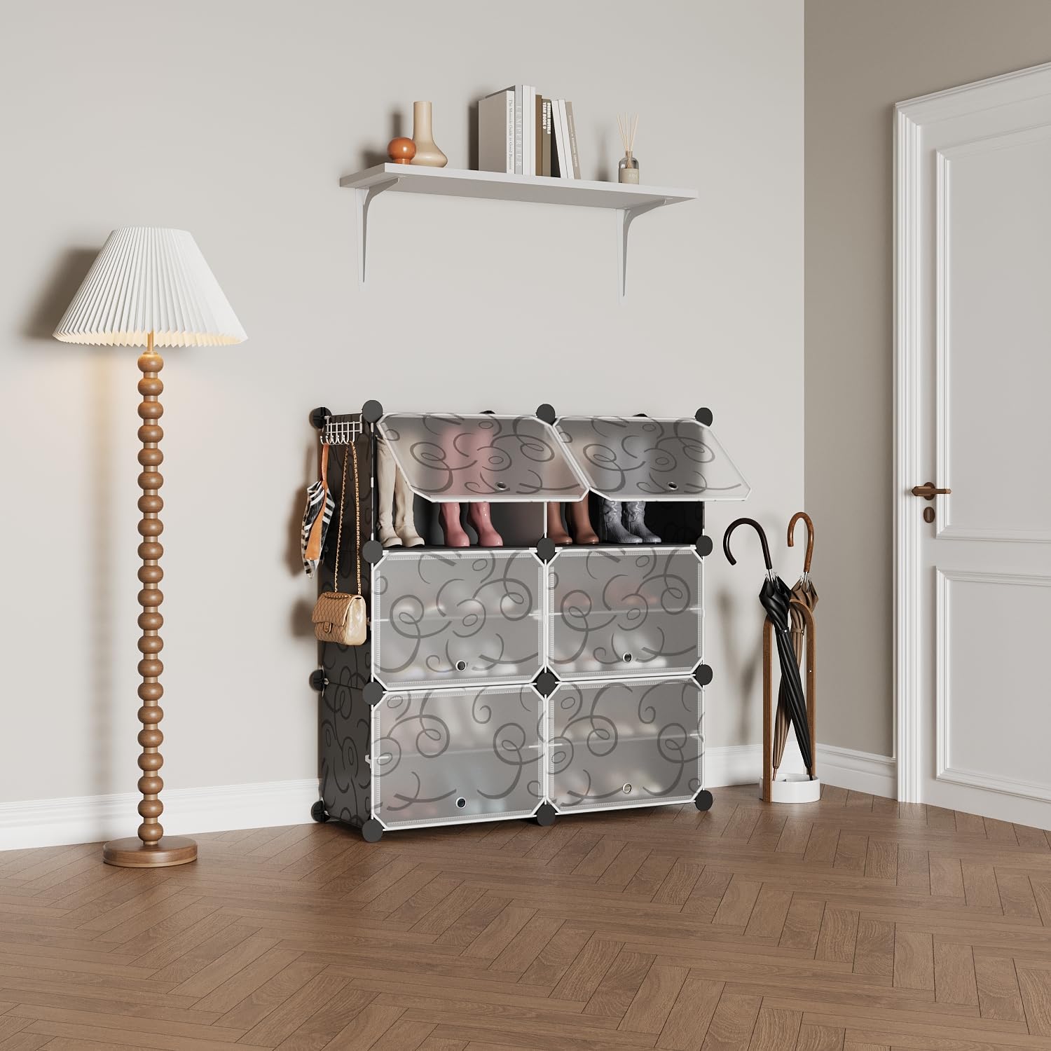 BASTUO 6 Cubes Shoe Rack with Door, 24 Pair Plastic Shoe Rack with Door, for Livingroom, Bedroom and Office (Black)