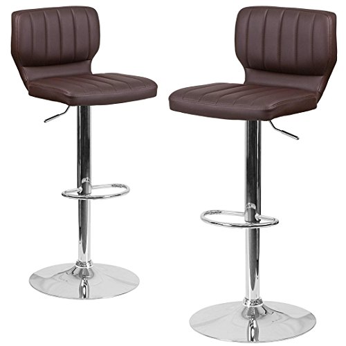 KLS Modern Barstools Adjustable Hydraulic 360 Degree Swivel Stable Steel Frame Padded Vinyl Cushion Low Back Seat Design Dining Chair Pub Stool - Set of 2 Brown # 1969