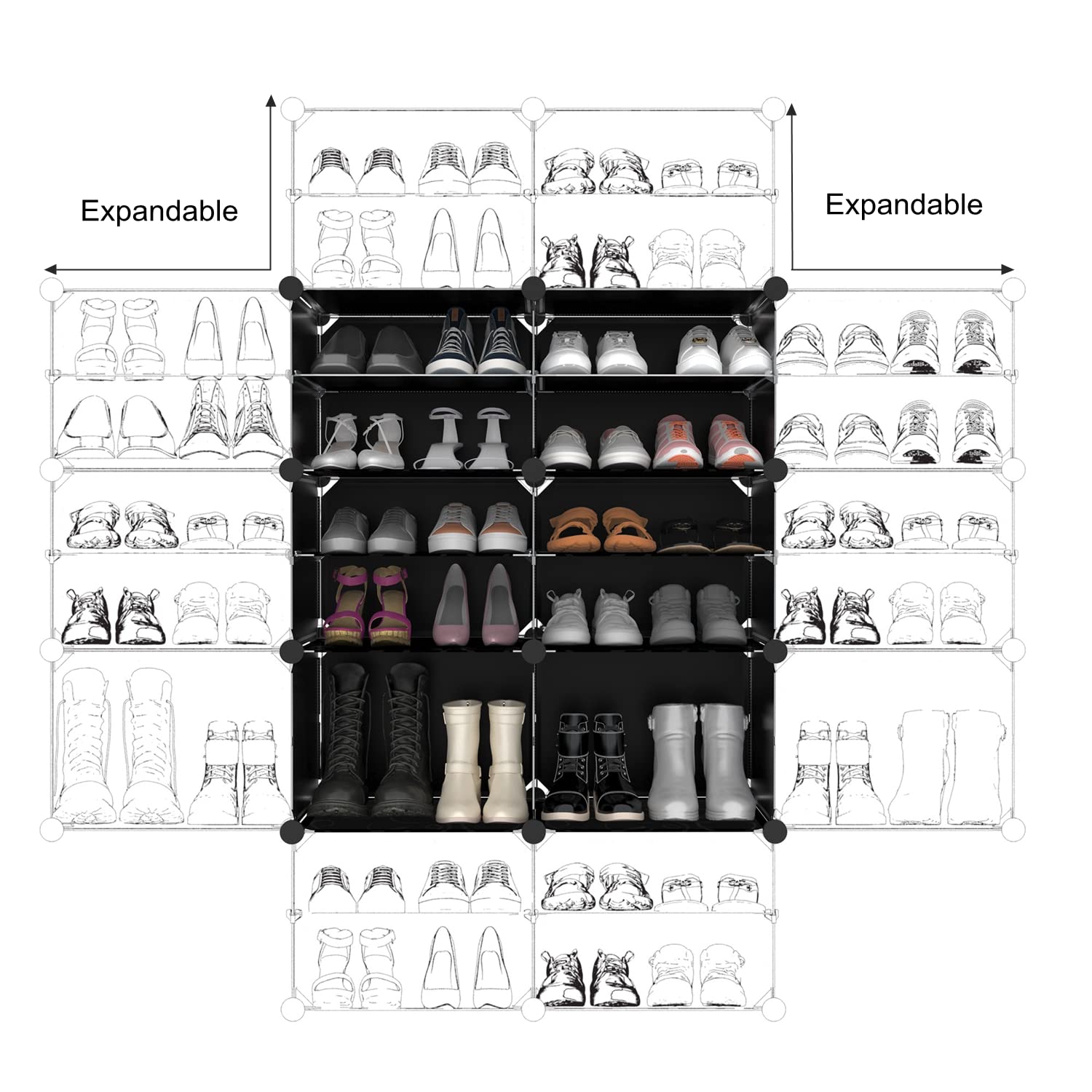 BASTUO 6 Cubes Shoe Rack with Door, 24 Pair Plastic Shoe Rack with Door, for Livingroom, Bedroom and Office (Black)