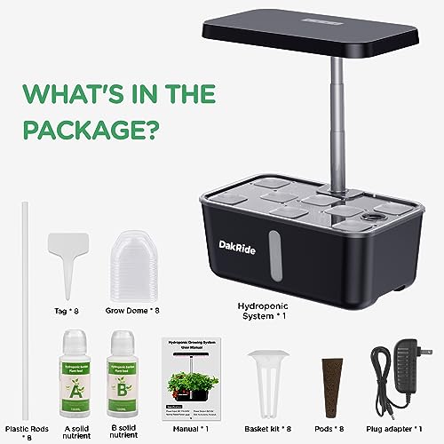 DakRide Mini Hydroponics Growing System, Indoor Herb Garden System with LED Grow Light, Plants Germination Kit with Automatic Timer, Quiet Water Pump, Height Adjustable for Family, 8 Pods