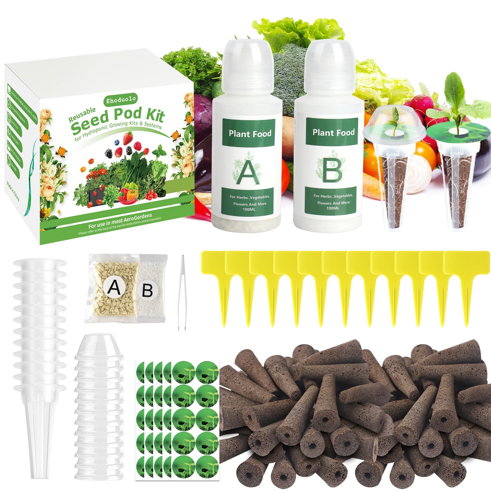 Hydroponics Supply Seed Pods Kit for Growing System, Seed Starter Pods for Indoor Garden, 50pcs Grow Sponges for AeroGarden, 15 Baskets, A&B Hydroponic Nutrients, Work with Idoo and Other Hydroponics