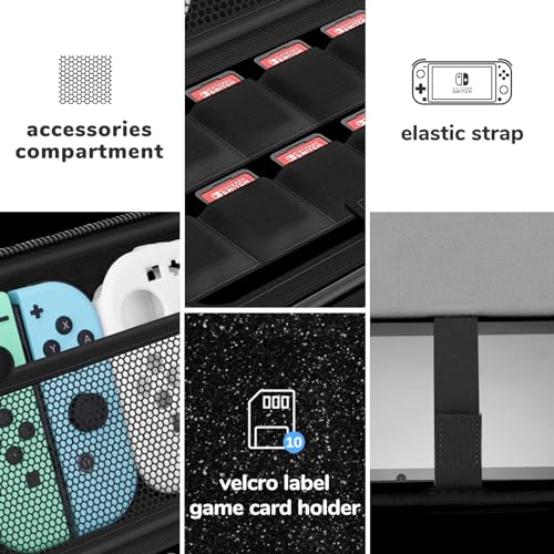 homicozy Glitter Carrying Case Compatible with Nintendo Switch OLED & Switch Console,Black Protective Hard Travel Case Shell Pouch for Nintendo Switch Console/Accessories,Switch Gaming Case for Girls