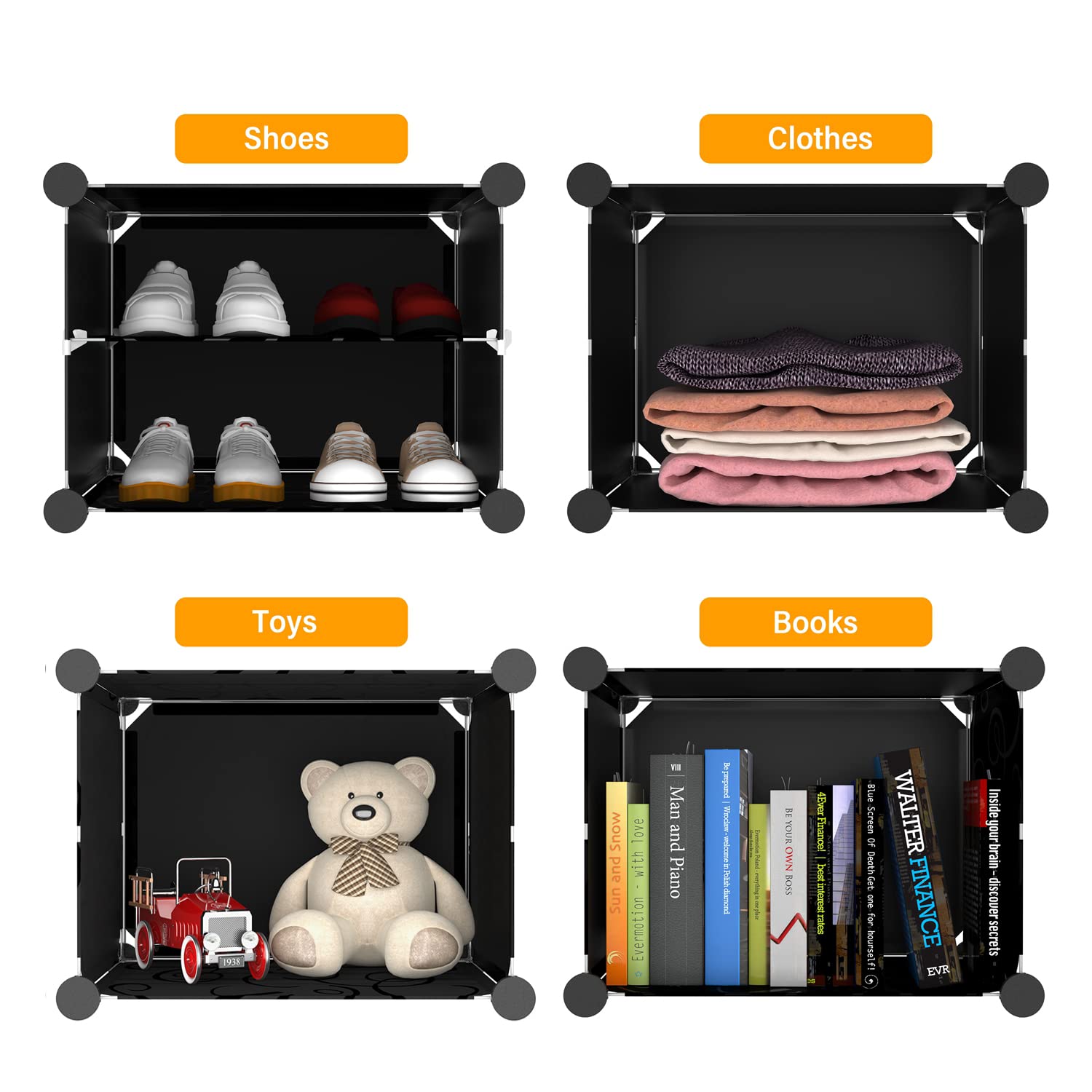 BASTUO 6 Cubes Shoe Rack with Door, 24 Pair Plastic Shoe Rack with Door, for Livingroom, Bedroom and Office (Black)