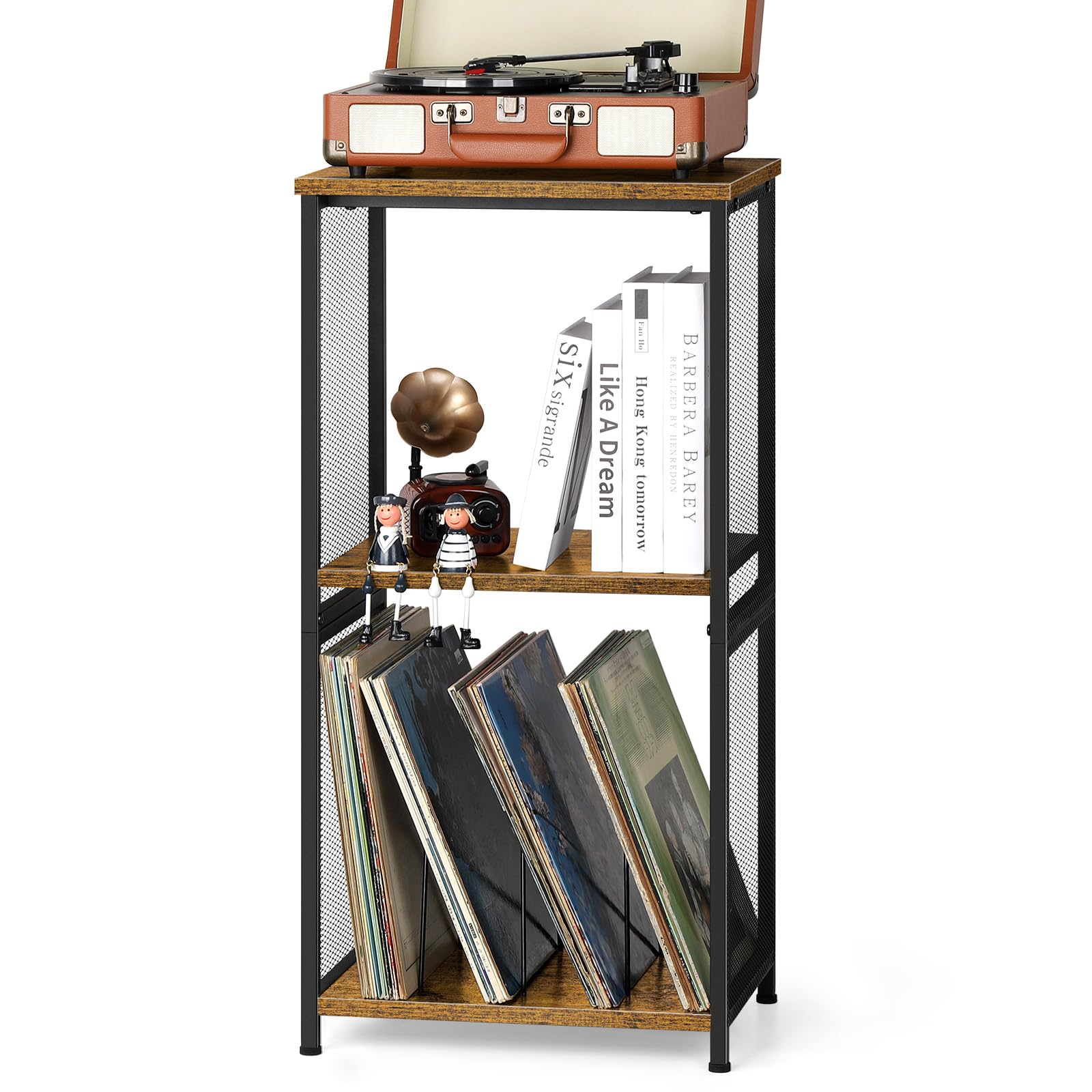 ETELI Tall Side Table 3 Tier Record Player Stand Table with Vinyl Storage Small Industrial Side Table Vinyl Record Stand Turntable Stand Hold Up to 170 Albums for Living Room Bedroom Office