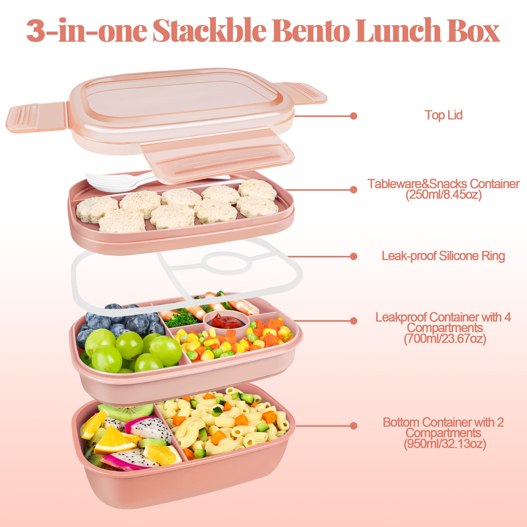 MKAVOE Bento Box Adult Lunch Box, All-in-One Stackable Bento Lunch Containers, 8 Compartments Design Bento Lunch Box for Adults/Kids with Utensil Set, Leakproof Bento Boxes for Work, Picnic, School