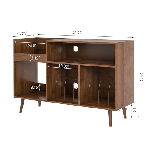 Furtivusia Mid Century Modern Record Player Stand with Power Outlet - Holds up to 350 Albums, Vinyl Record Storage Cabinet and Turntable Stand