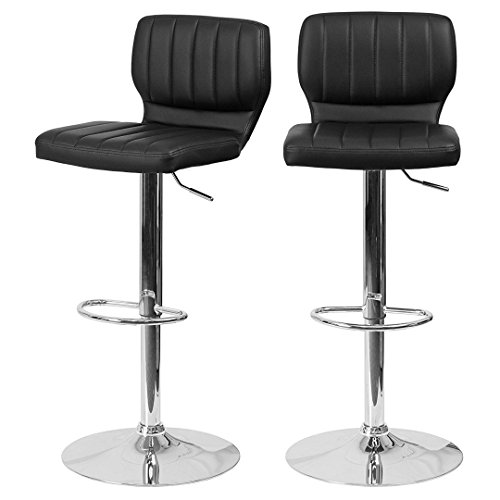 KLS Modern Barstools Adjustable Hydraulic 360 Degree Swivel Stable Steel Frame Padded Vinyl Cushion Low Back Seat Design Dining Chair Pub Stool - Set of 2 Black # 1969