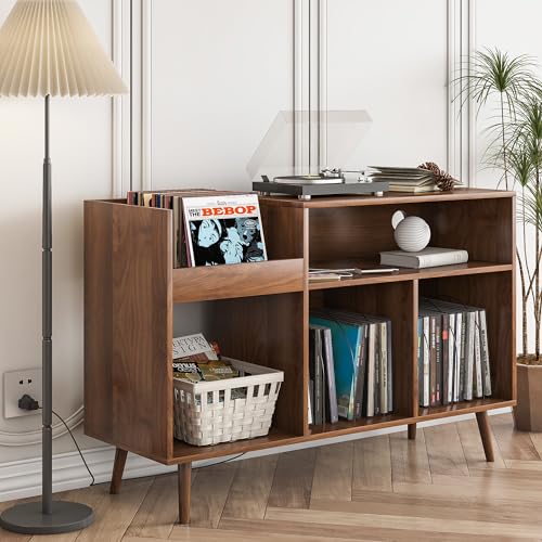 Furtivusia Mid Century Modern Record Player Stand with Power Outlet - Holds up to 350 Albums, Vinyl Record Storage Cabinet and Turntable Stand