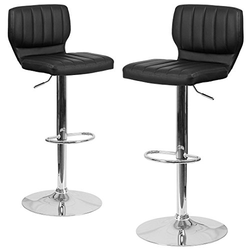 KLS Modern Barstools Adjustable Hydraulic 360 Degree Swivel Stable Steel Frame Padded Vinyl Cushion Low Back Seat Design Dining Chair Pub Stool - Set of 2 Black # 1969