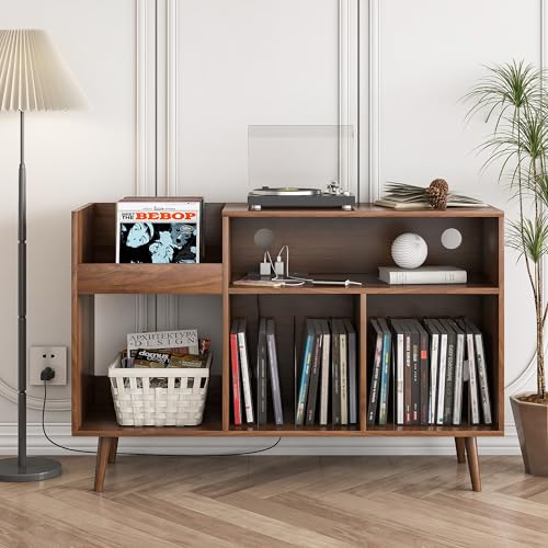 Furtivusia Mid Century Modern Record Player Stand with Power Outlet - Holds up to 350 Albums, Vinyl Record Storage Cabinet and Turntable Stand