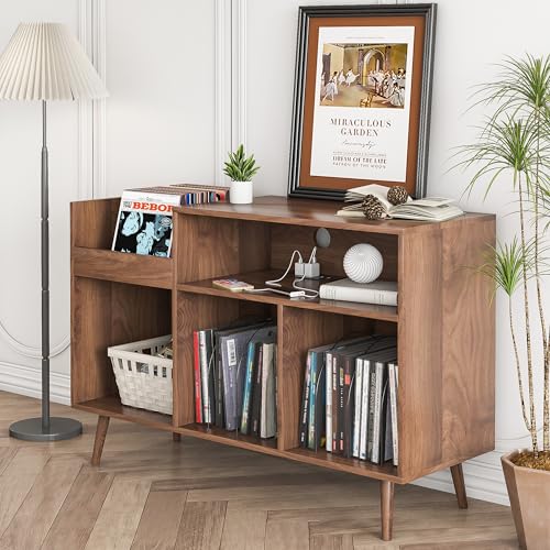 Furtivusia Mid Century Modern Record Player Stand with Power Outlet - Holds up to 350 Albums, Vinyl Record Storage Cabinet and Turntable Stand