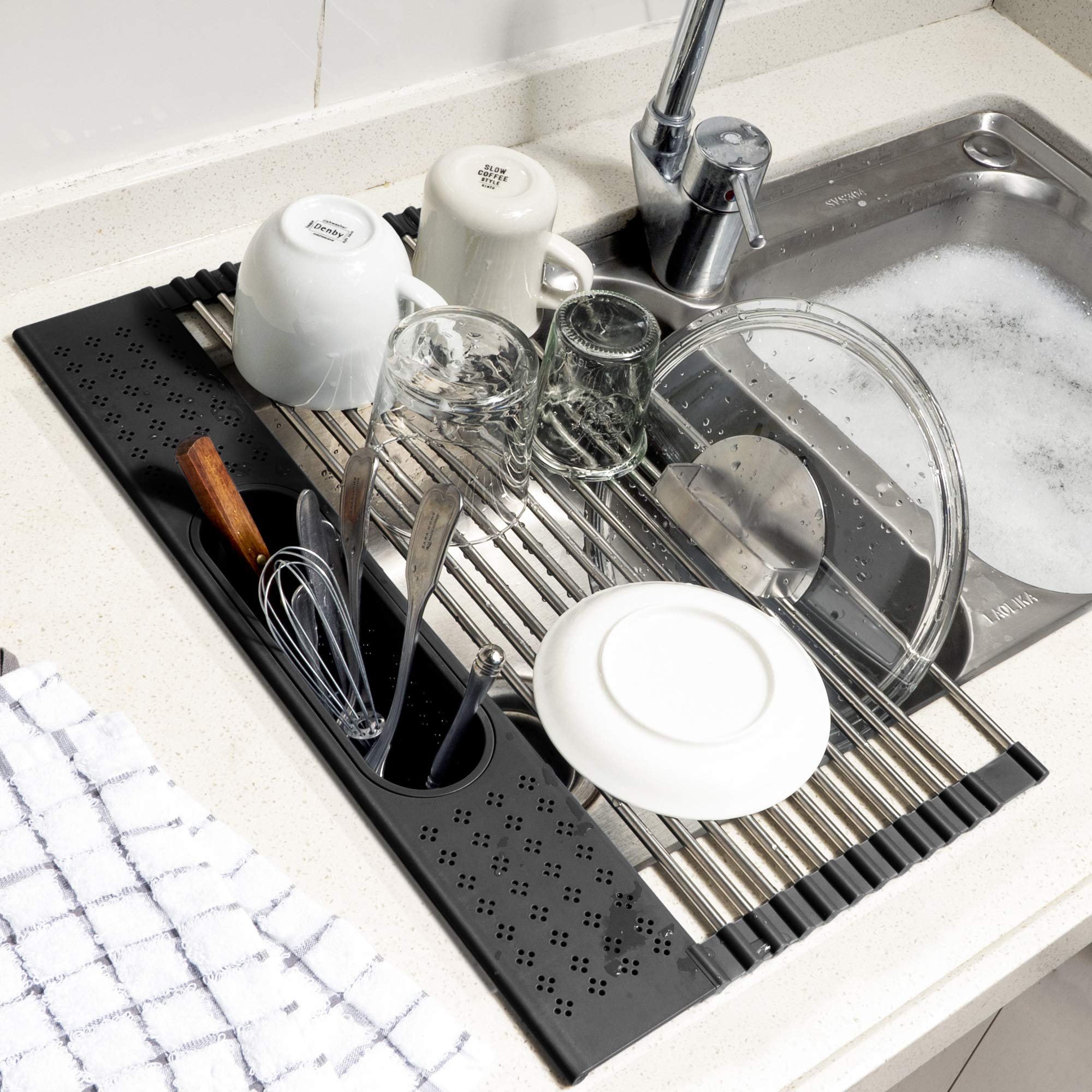 koroda Roll Up Dish Drying Rack Over The Sink: SUS304 Stainless Steel Dish Drainer with Utensil Holder for Kitchen Sink (17.3" × 11", Black)