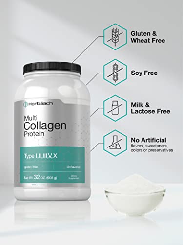 Multi Collagen Protein Powder 32 oz | Type I, II, III, V, X | Hydrolyzed Collagen Peptides | Keto & Paleo Friendly | Unflavored & Gluten Free | by Horbaach