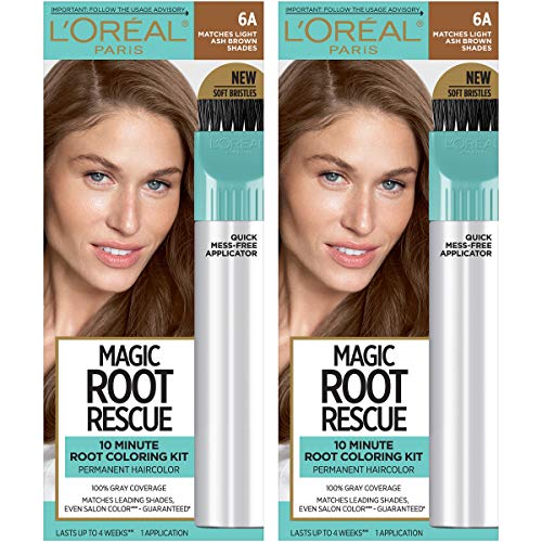 L'Oreal Paris Magic Root Rescue 10 Minute Root Hair Coloring Kit, Permanent Hair Color with Quick Precision Applicator, 100% Gray Coverage, 6A Light Ash Brown, 2 count