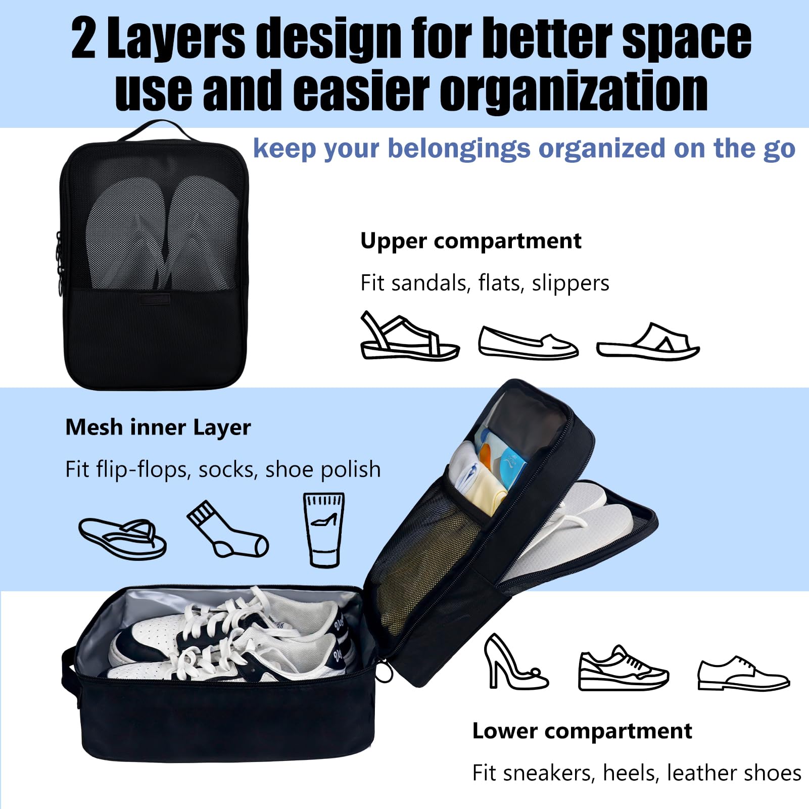 Aosbos 2 Layers Shoe Bags for Travel with Trolley Sleeve Portable Shoe Storage Pouch Shoe Packing Cubes with Structure, Black