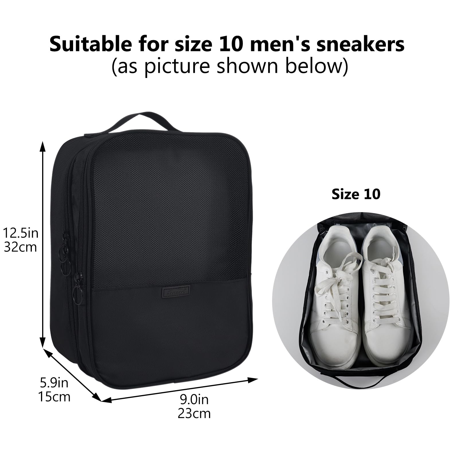 Aosbos 2 Layers Shoe Bags for Travel with Trolley Sleeve Portable Shoe Storage Pouch Shoe Packing Cubes with Structure, Black