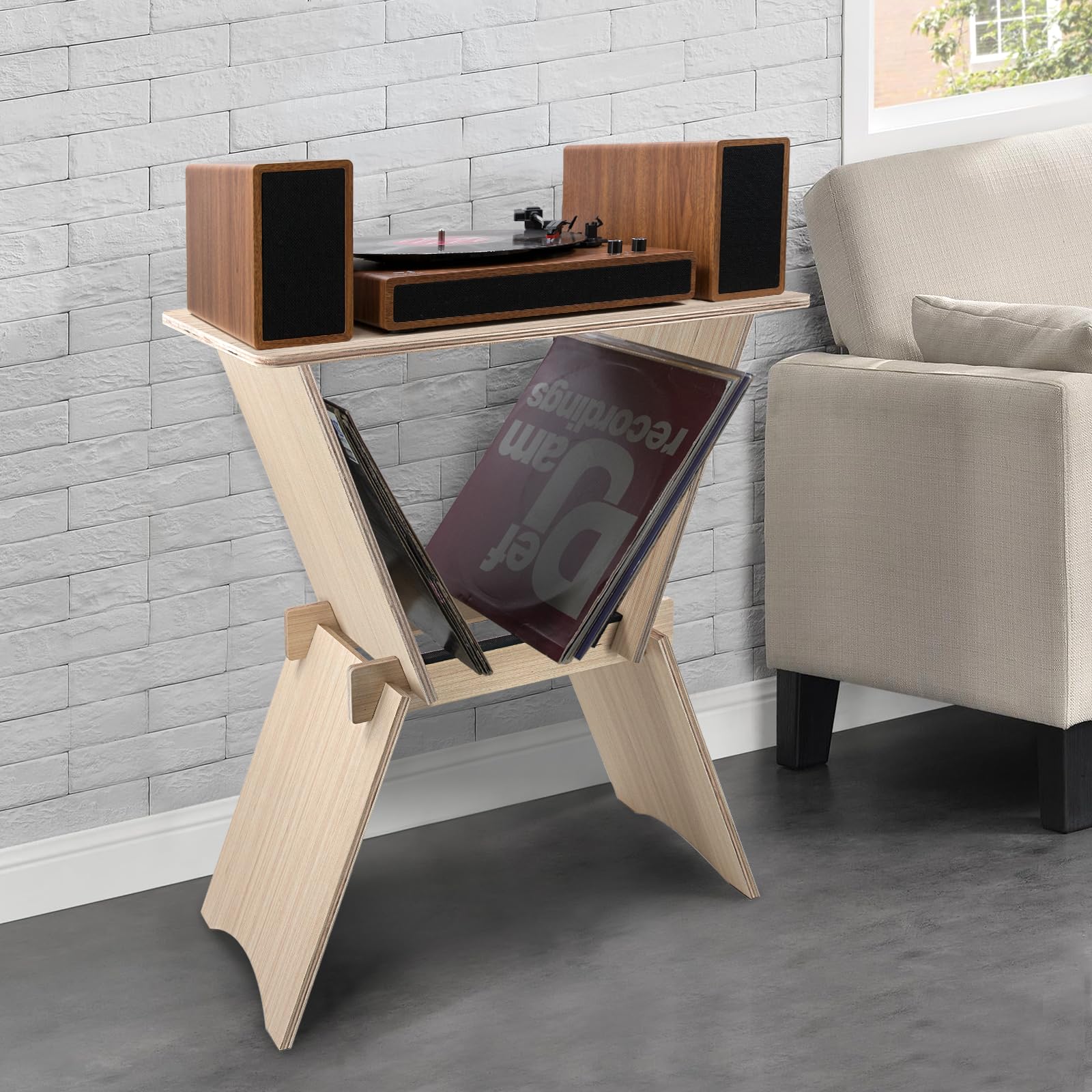 M MUSIC PUBLIC KINGDOM Record Player Stand with Record Storage Shelf, Solid Wood Turntable Stand, Light Wood