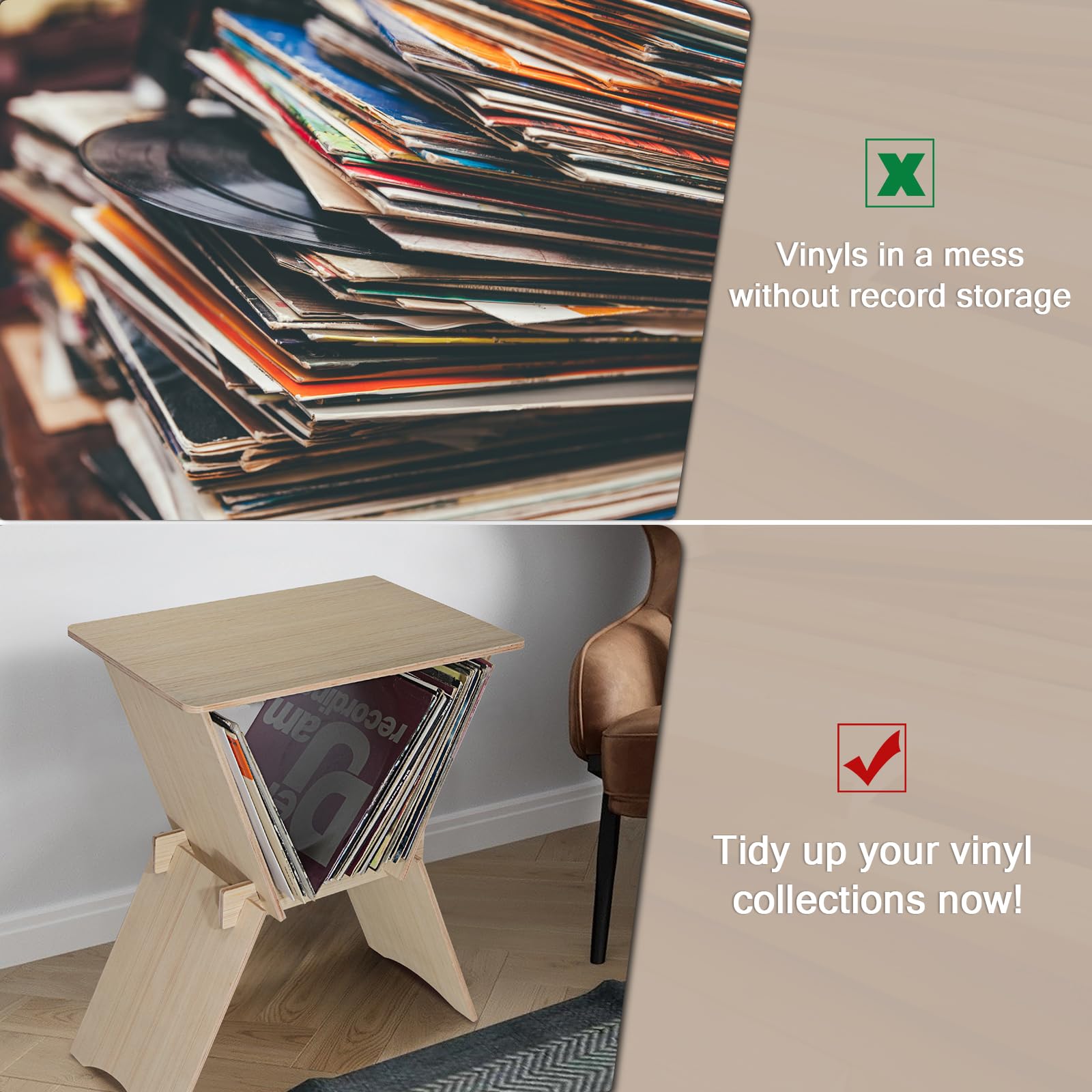 M MUSIC PUBLIC KINGDOM Record Player Stand with Record Storage Shelf, Solid Wood Turntable Stand, Light Wood