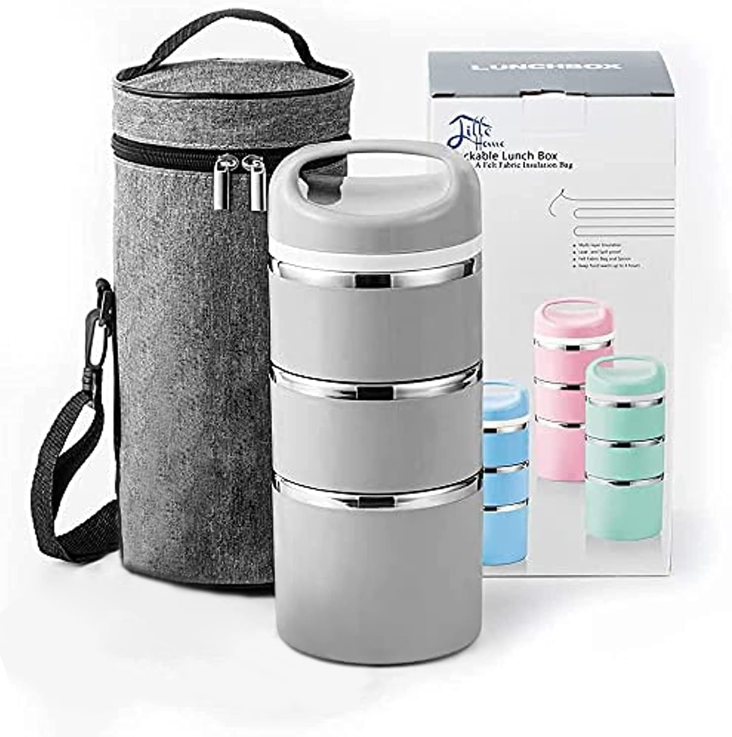 Lille Home Stackable Stainless Steel Thermal Compartment Lunch/Snack Box, 3-Tier Insulated Bento/Food Container with Upgraded Lunch Bag, Portable Cutlery Set and 3 Extra Silicone Seals, 43 OZ, Gray