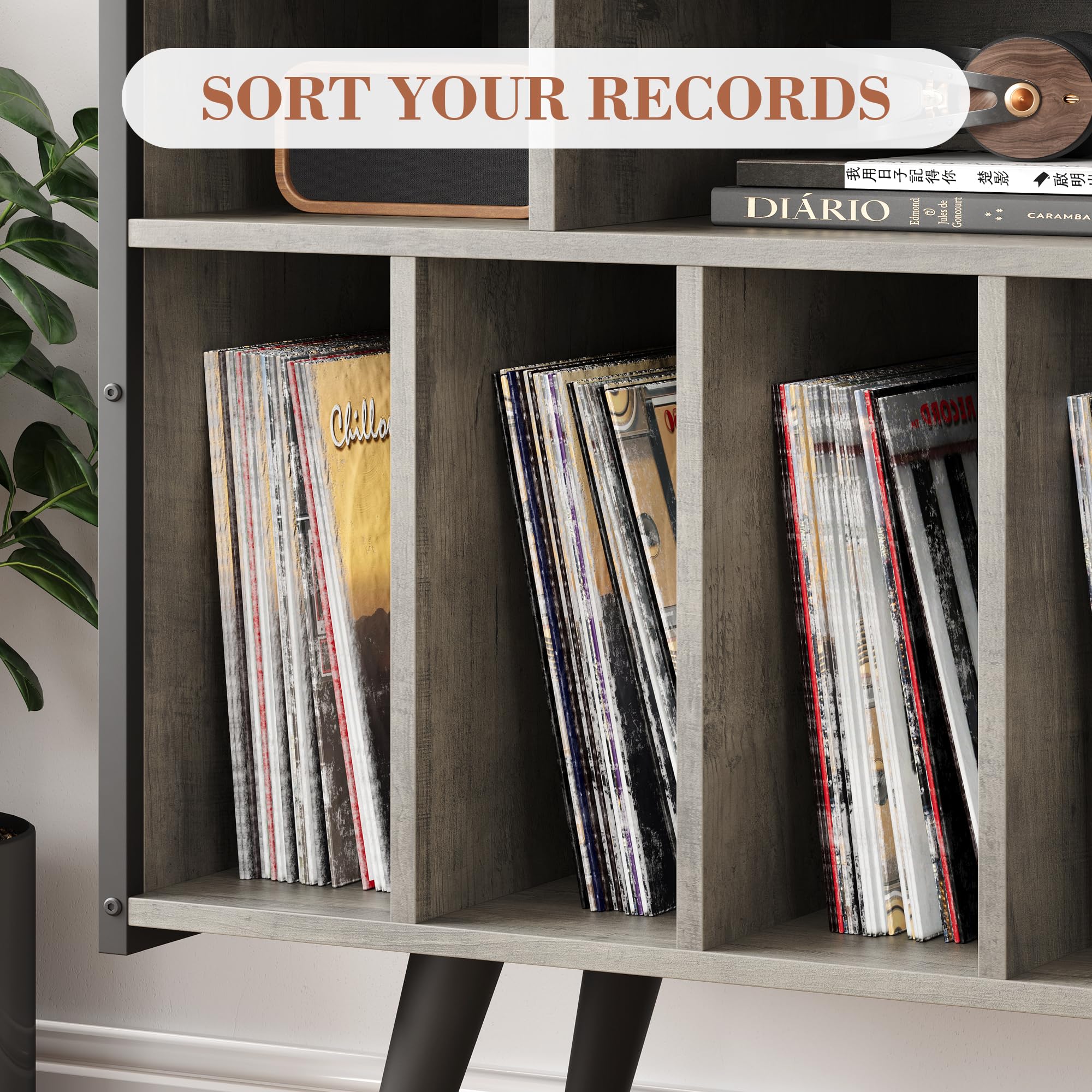 IDEALHOUSE Record Player Table Stand, Grey Record Album Storage Cabinet with Power Outlet, Large Wooden Turntable Stand for Living Room, Bedroom, Office