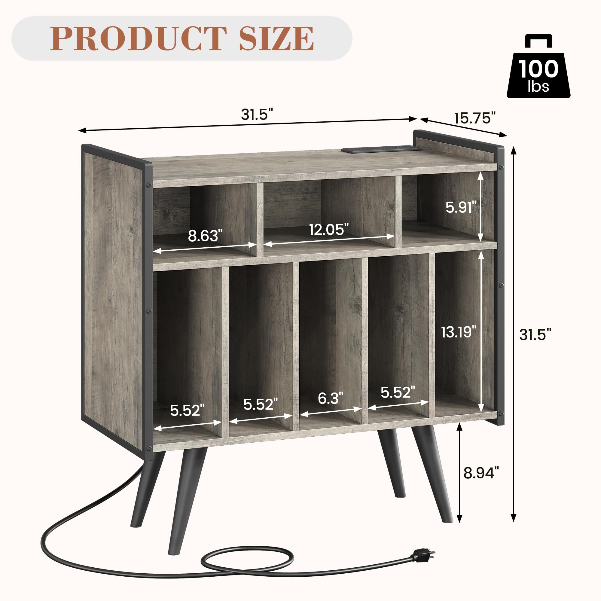 IDEALHOUSE Record Player Table Stand, Grey Record Album Storage Cabinet with Power Outlet, Large Wooden Turntable Stand for Living Room, Bedroom, Office