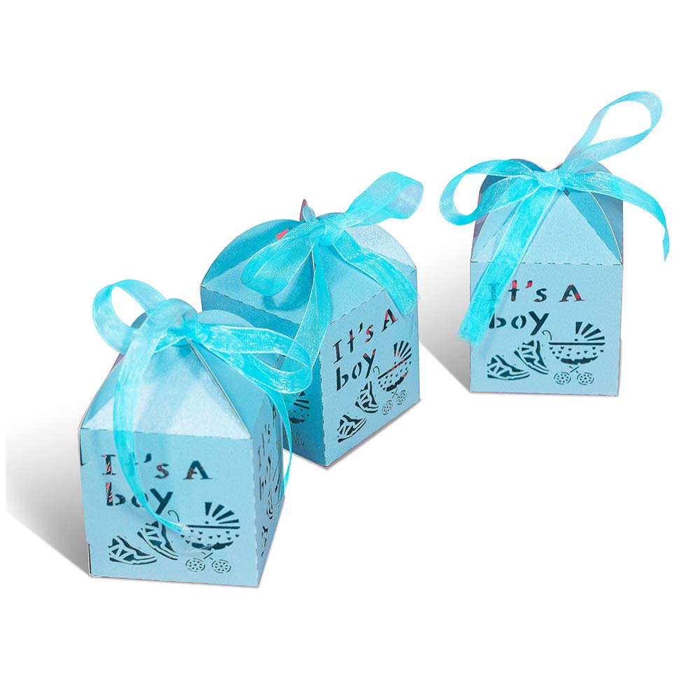 YOZATIA 50pcs Laser Cut Baby Carriage Favor Box Bomboniere Gift Candy Boxes Baby Shower Party Decoration,2.2 x 2.2 x 2.2 Inches(Blue)