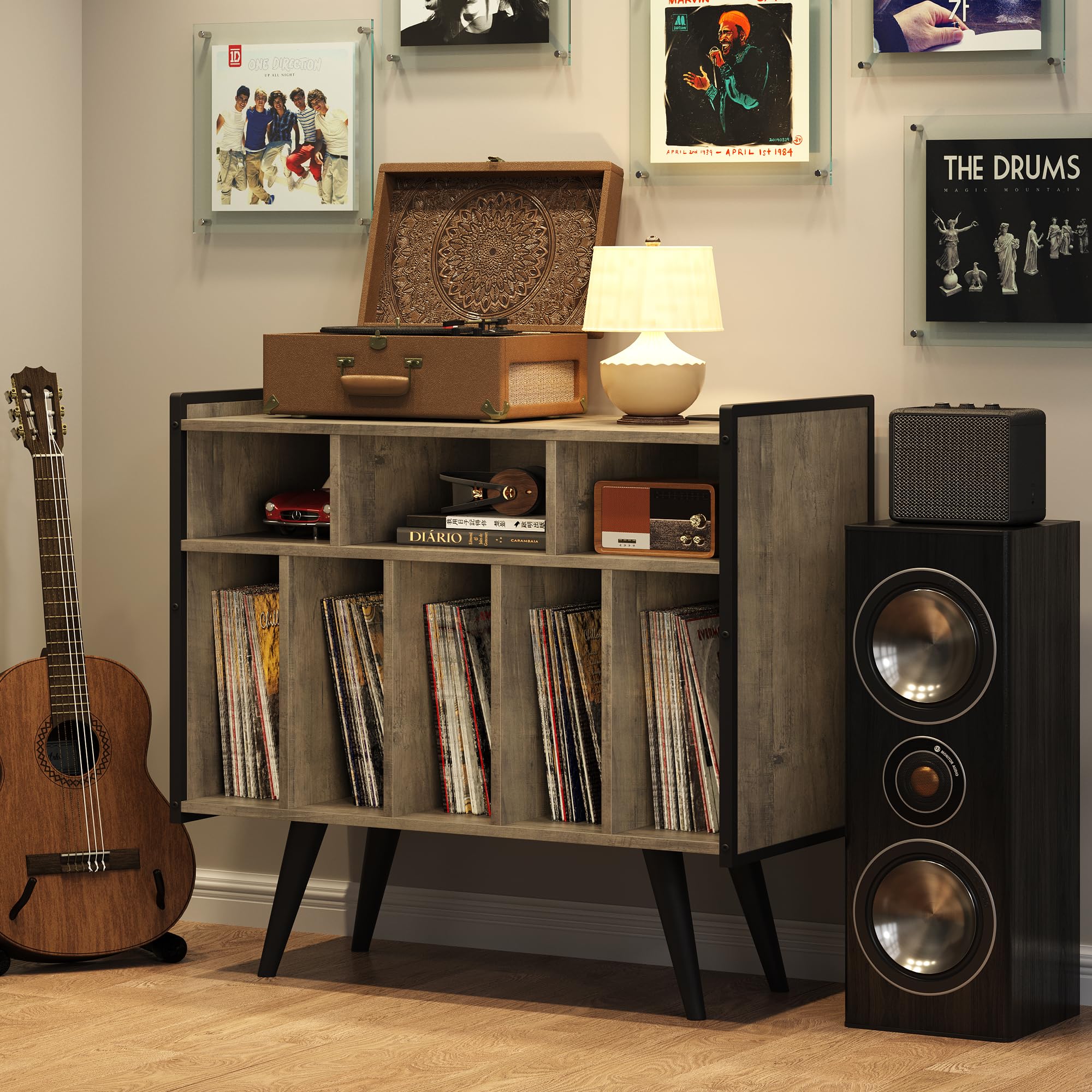 IDEALHOUSE Record Player Table Stand, Grey Record Album Storage Cabinet with Power Outlet, Large Wooden Turntable Stand for Living Room, Bedroom, Office