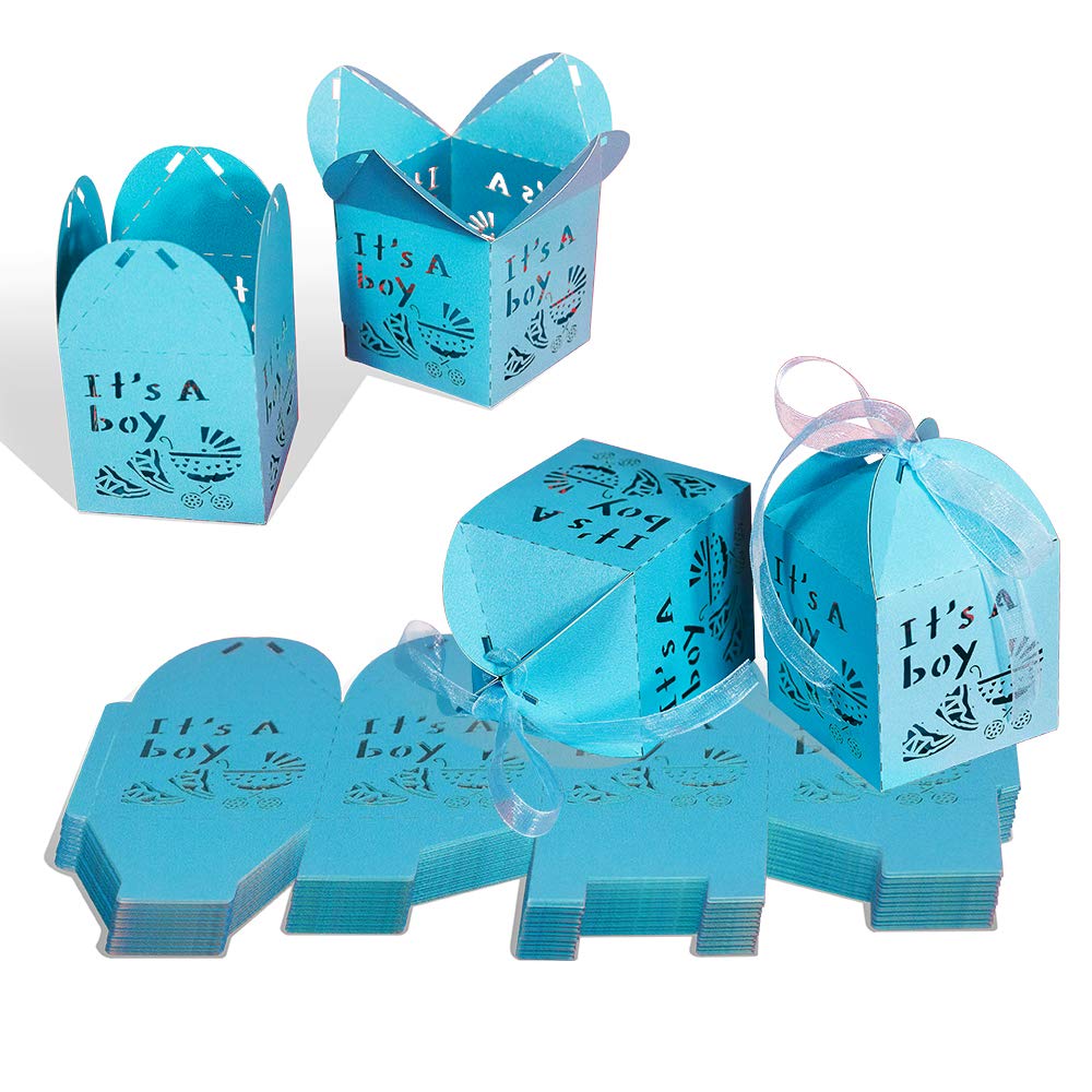 YOZATIA 50pcs Laser Cut Baby Carriage Favor Box Bomboniere Gift Candy Boxes Baby Shower Party Decoration,2.2 x 2.2 x 2.2 Inches(Blue)
