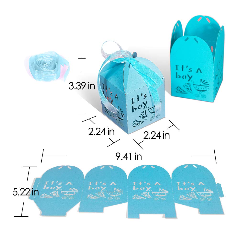 YOZATIA 50pcs Laser Cut Baby Carriage Favor Box Bomboniere Gift Candy Boxes Baby Shower Party Decoration,2.2 x 2.2 x 2.2 Inches(Blue)