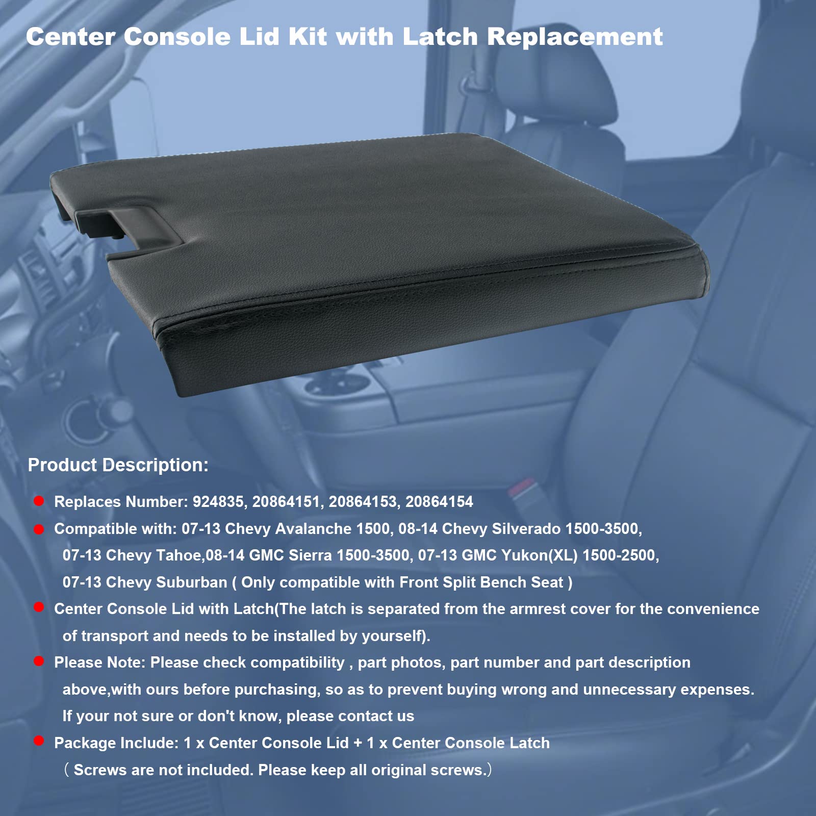NHILES Center Console Lid Kit with Latch Compatible with 2007-2013 Chevy Tahoe/Avalanche/ 2008-2014 Silverado/GMC Yukon(XL)/Sierra 1500/2500/3500 center console cover replace #20864151(Black)