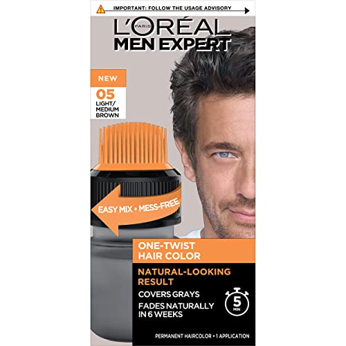 LβOreal Paris Men Expert One Twist Mess Free Permanent Hair Color, Mens Hair Dye to Cover Grays, Easy No Mix Ammonia Free Application, Light Medium Brown 05, 1 Application Kit