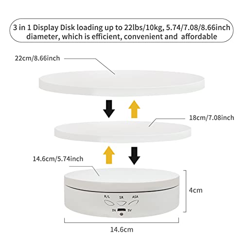 ZLMONDEE 3 in 1 Motorized Turntable Lazy Suan Rotating Display Stand with 5.74/7.08/8.66 inch Replacement Cover,360 Degree for Cake Photography Products and Video Show Load 22lbs (White)