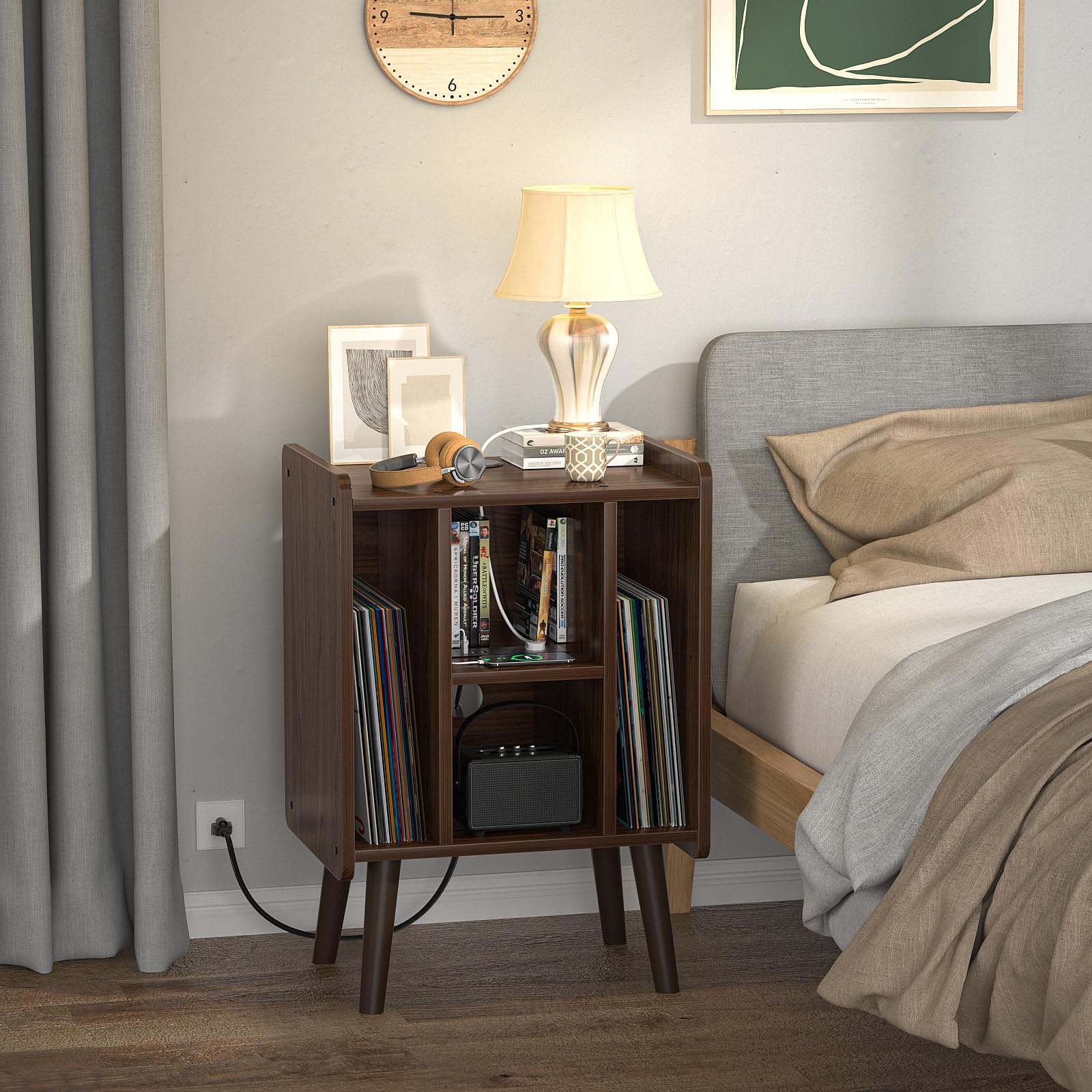 Unikito Record Player Stand, Vinyl Turntable Stand with Power Outlet and USB Charging Port, Sturdy Record Display Table with Storage, Mid Century End Table, Turntable Nightstand, Walnut