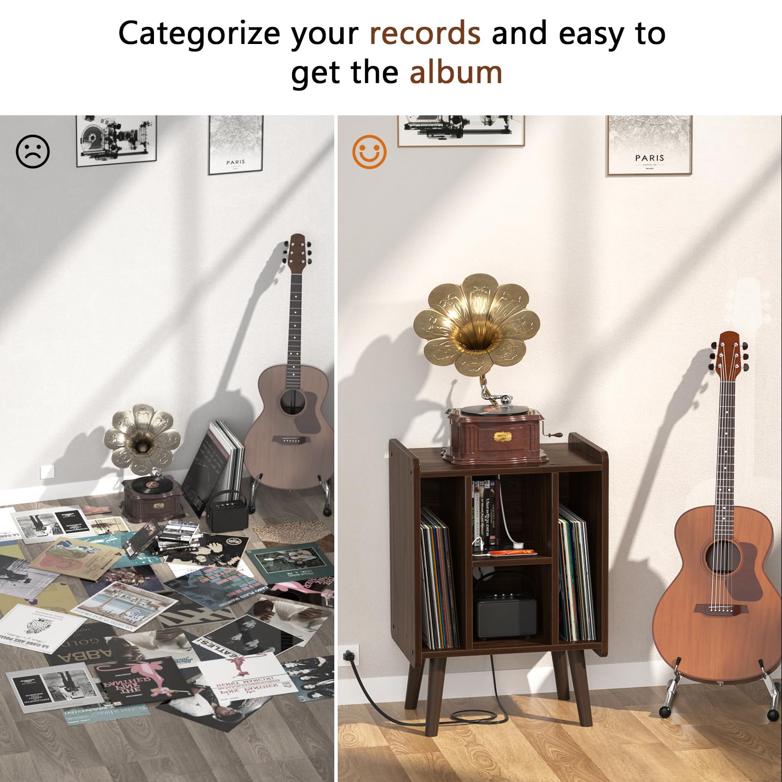 Unikito Record Player Stand, Vinyl Turntable Stand with Power Outlet and USB Charging Port, Sturdy Record Display Table with Storage, Mid Century End Table, Turntable Nightstand, Walnut