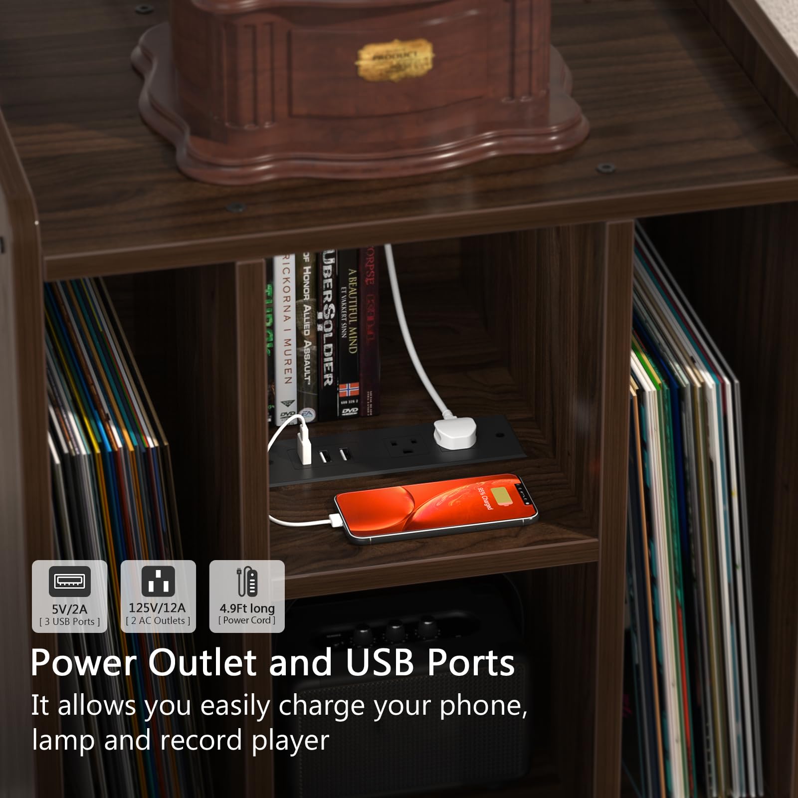 Unikito Record Player Stand, Vinyl Turntable Stand with Power Outlet and USB Charging Port, Sturdy Record Display Table with Storage, Mid Century End Table, Turntable Nightstand, Walnut