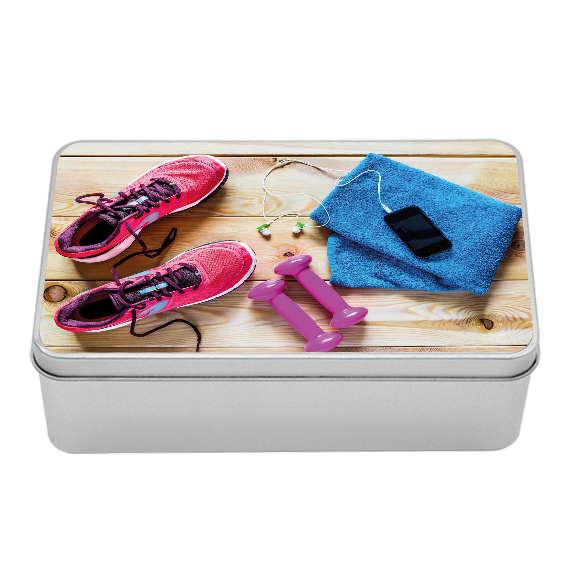Ambesonne Fitness Tin Box, Gymnasium Theme Women's Running Shoes and Dumbbells Equipment for Training Image, Portable Rectangle Metal Organizer Storage Box with Lid, 7.2" X 4.7" X 2.2", Multicolor