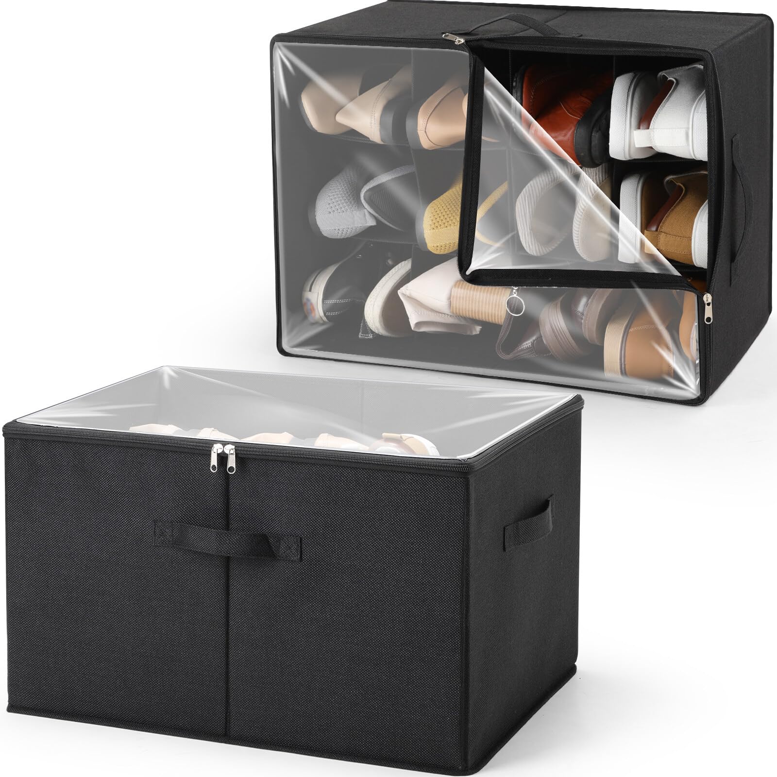 Homaisson 2-Pack Shoe Storage Organizer for Closet, Large Shoe Box Storage + 3 Pack Bed sheet organizers and storage, Foldable Sheet Set Organizers for Linen Closet (Black+Khaki)