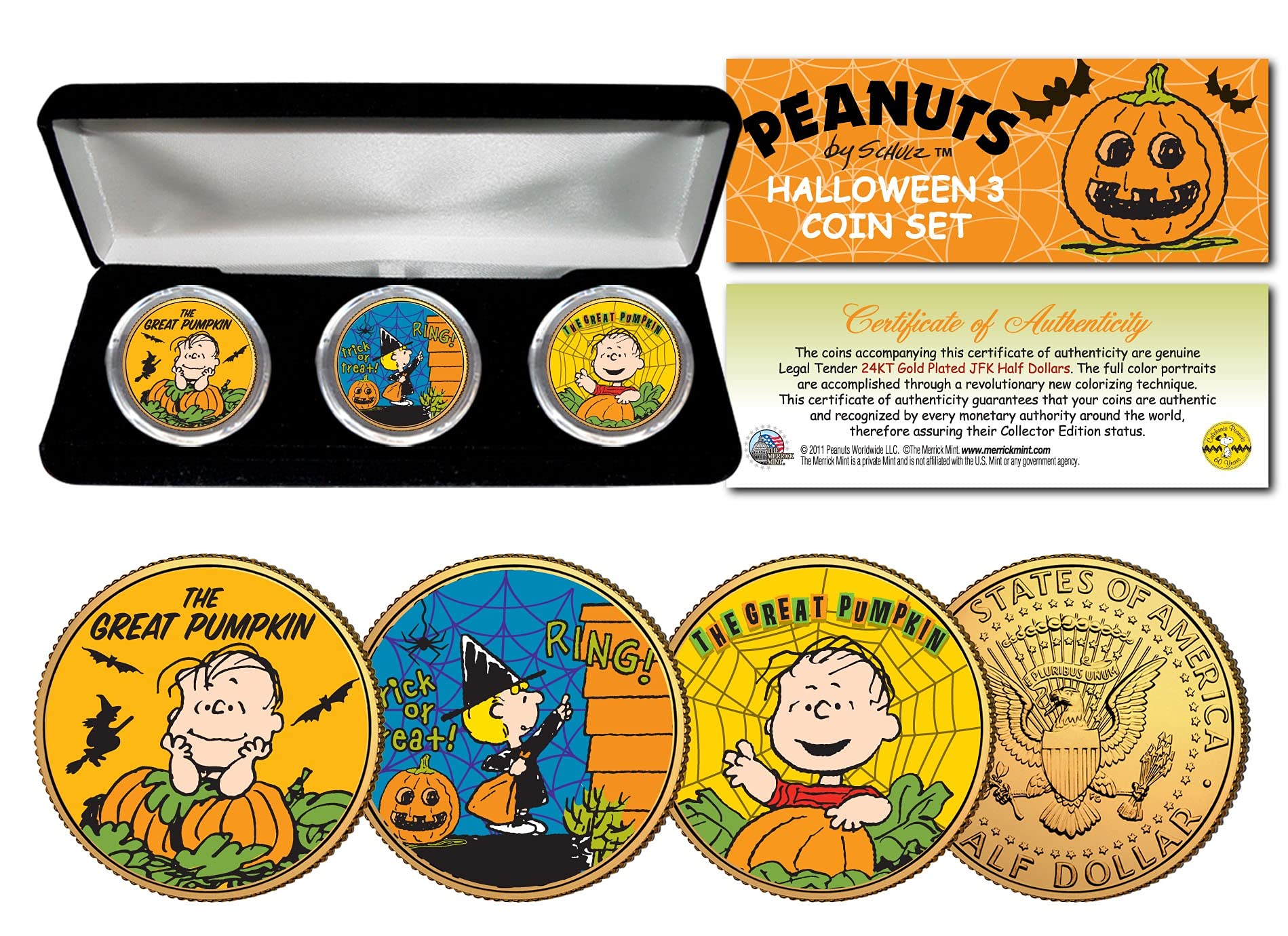 Merrick Mint Peanuts Halloween Great Pumpkin Linus Sally 24K JFK Half Dollar 3-Coin Set Box