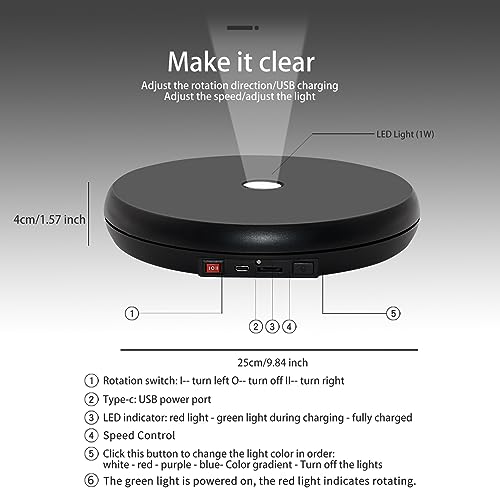 ELEGICKLIP 9.8" 44 Lb Load Rotating Display Stand with Multicolor Led Light for Cup Crystal Glass Spherical Jewelry Display Electric & Battery-Operated Platform (Black)