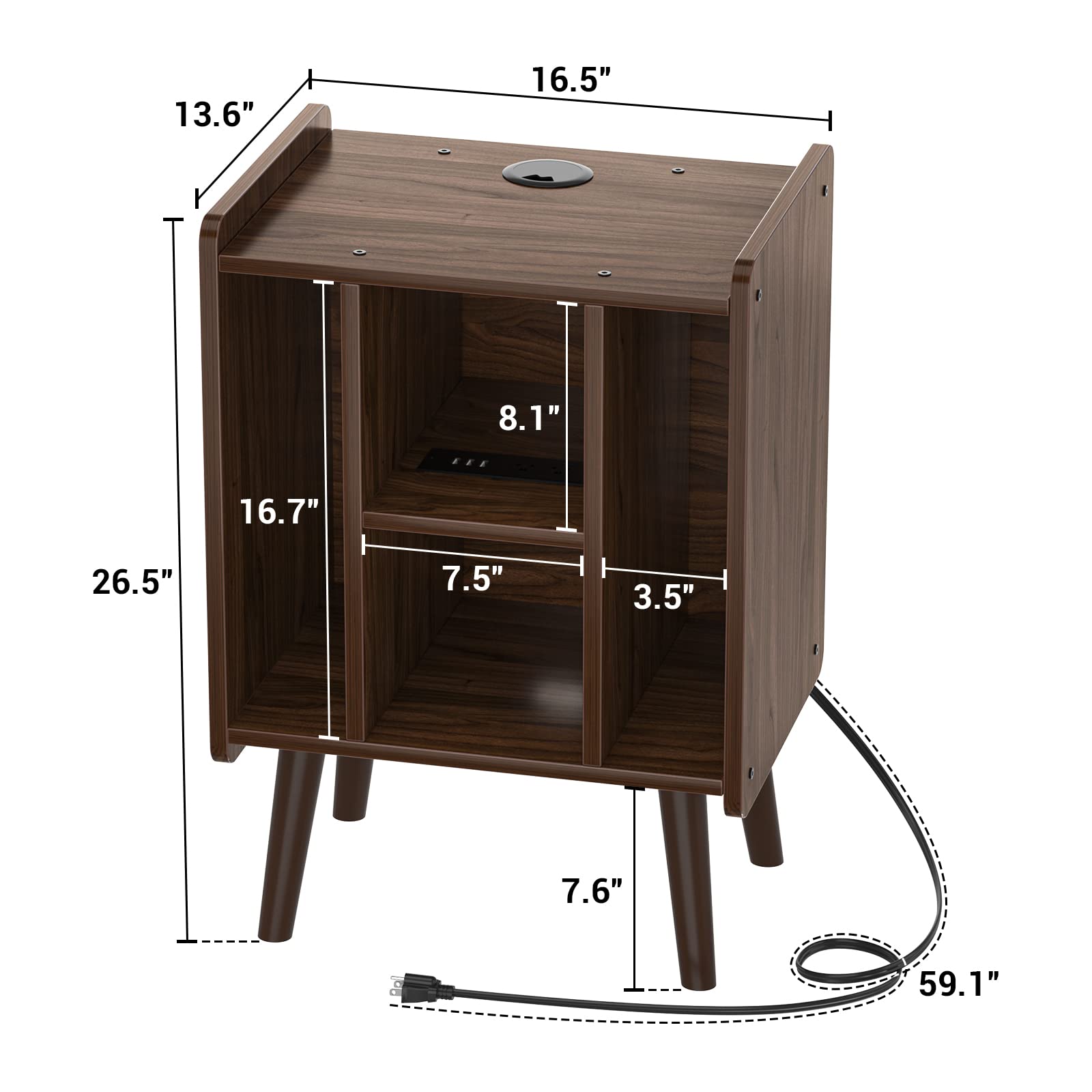 Unikito Record Player Stand, Vinyl Turntable Stand with Power Outlet and USB Charging Port, Sturdy Record Display Table with Storage, Mid Century End Table, Turntable Nightstand, Walnut